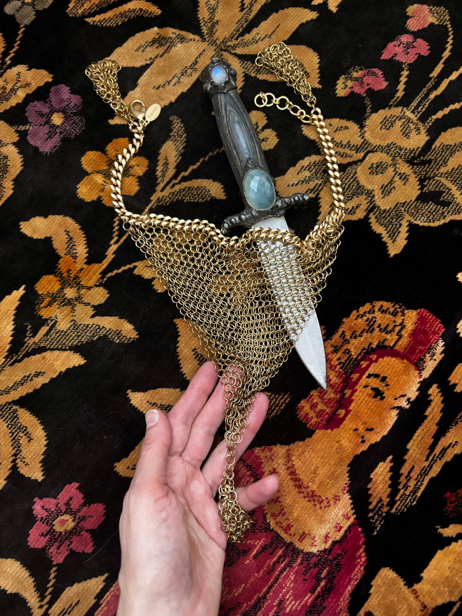 Falconiere Cat Bonnet Tasseled Necklace - Brass Chainmail Triangle Nec ...