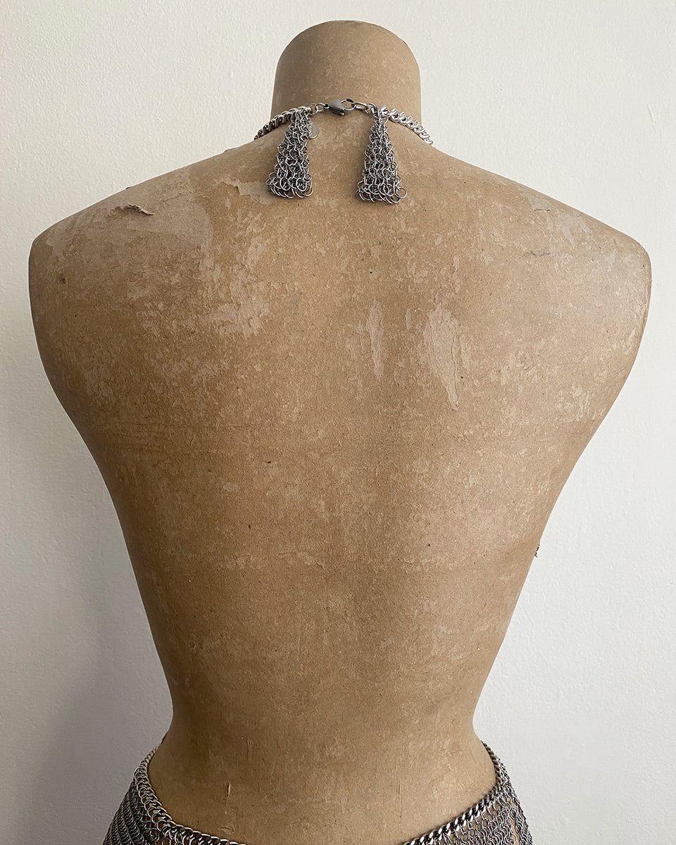 Falconiere Cat Bonnet Tasseled Necklace - Silver-tone Chainmail Triang ...